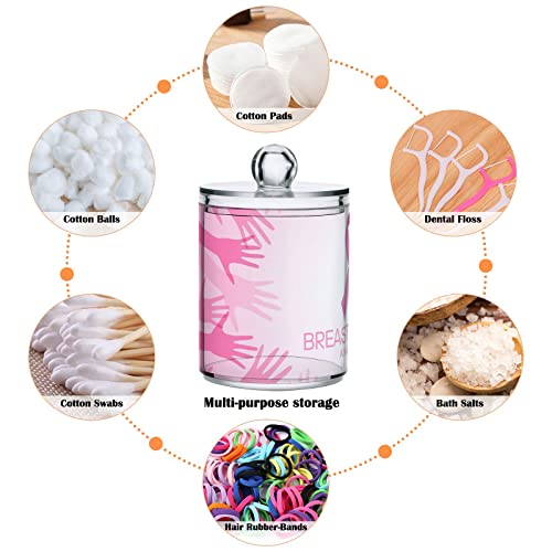 Breast Cancer Awareness 2 Pack 10 OZ Qtip Holder Dispenser for Cotton Ball, Cotton Swab, Cotton Round Pads, Floss, Plastic Apothecary Jar Set for Bathroom Canister Storage Organization, Vanity Makeup Organizer