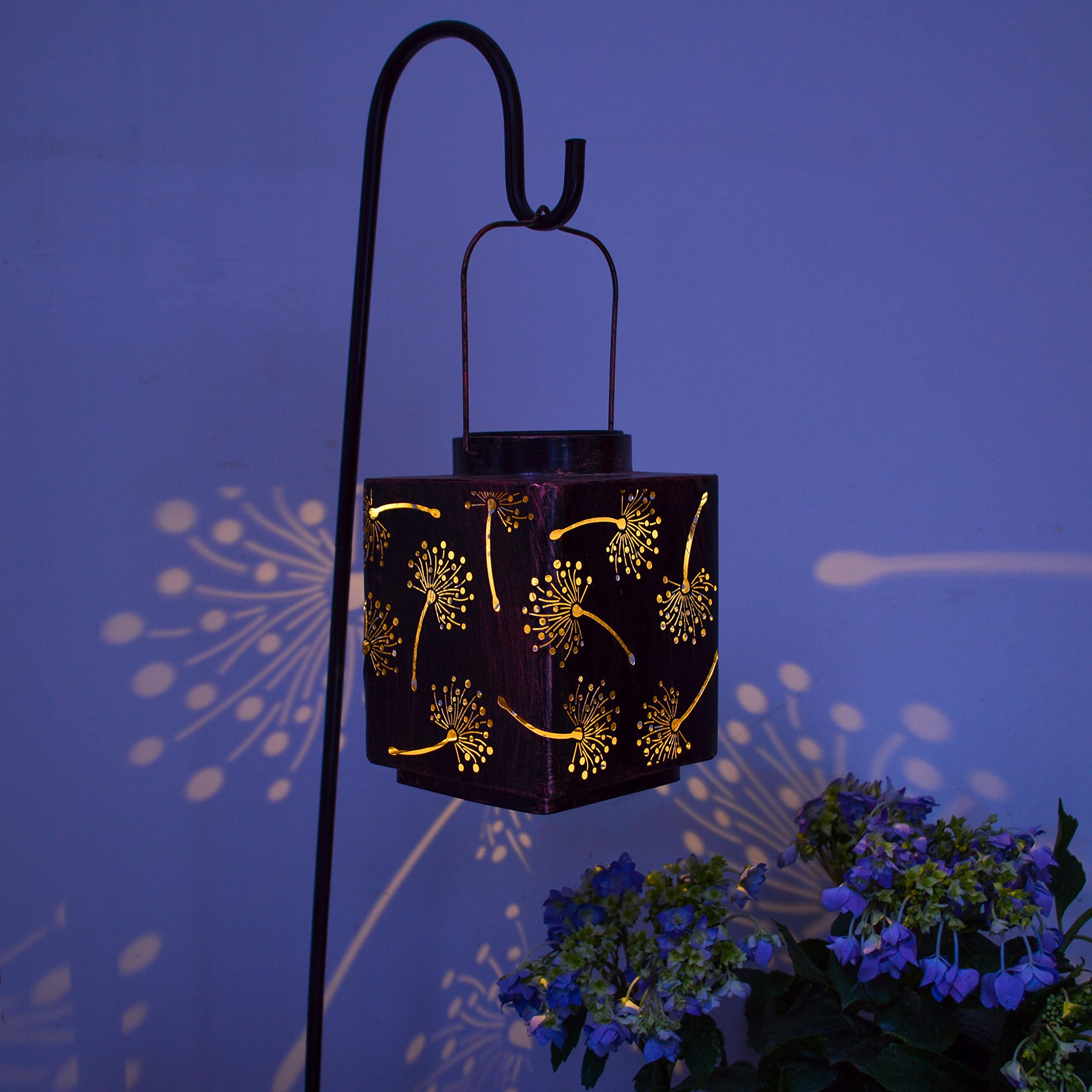 Elfengarden 36 Inch Solar Lantern with Shepherd Hooks - Metal Lanterns Decorative Warm White LED Light - Waterproof Powered Hanging for Patio Garden Pathway [Dandelion-B]