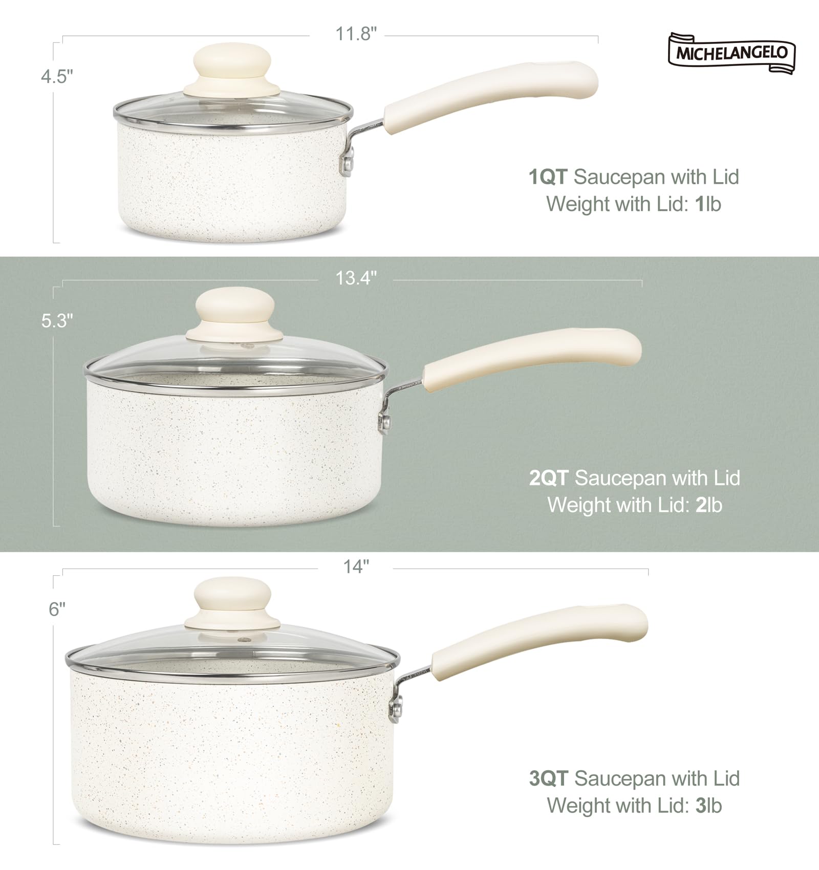 MICHELANGELO Sauce Pan With Lid, Granite Nonstick Saucepans Set, 1QT&2QT&3QT Saucepan With Lid, Multipurpose Cooking Pots, White