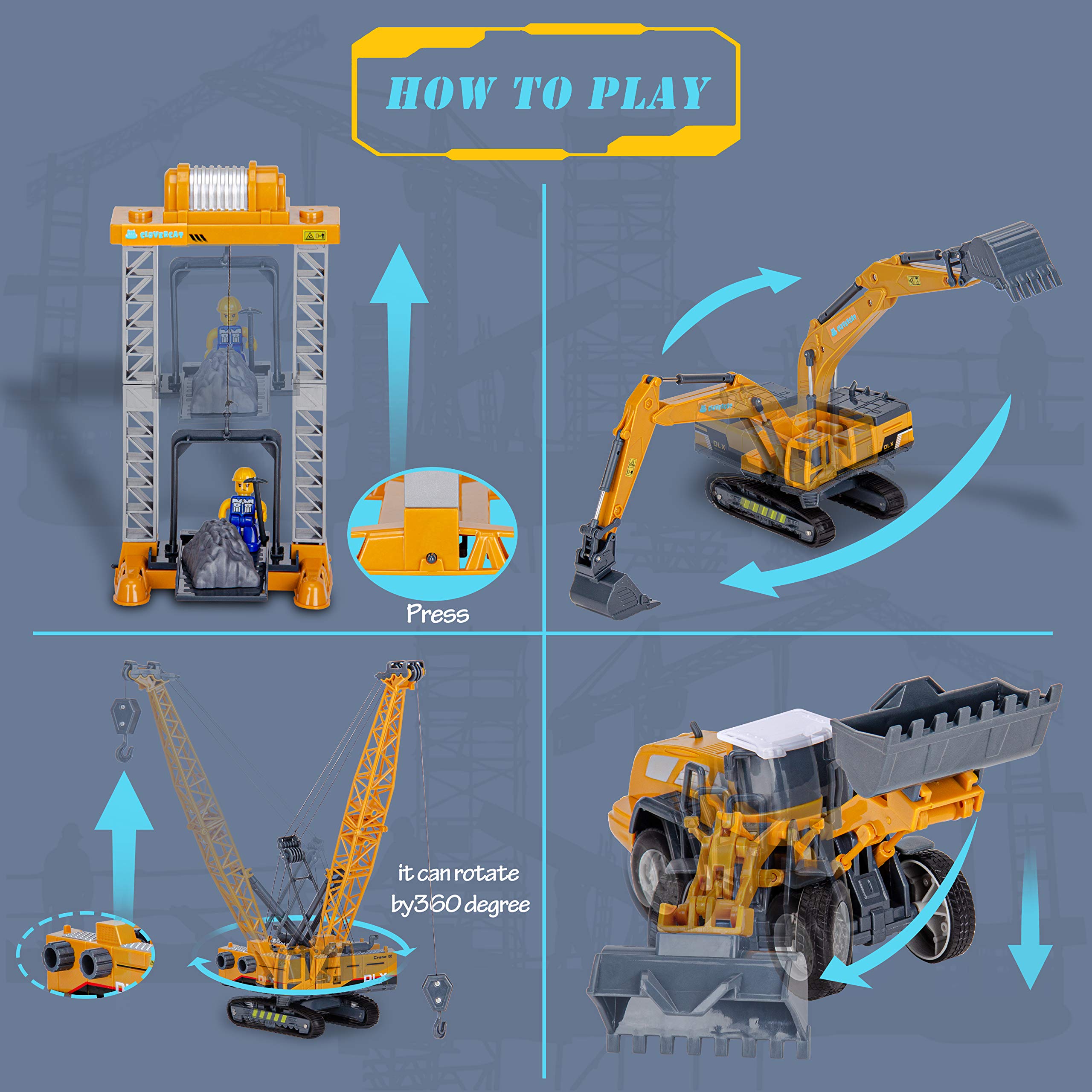 CloverCat Construction Toys for Kids - Toy Construction Vehicles Playset with Excavator, Tractor Truck, Backhoe, Crane, Dump Trucks - Great Birthday Gift for 3 4 5 Year Old Boys & Toddlers (Set 3)
