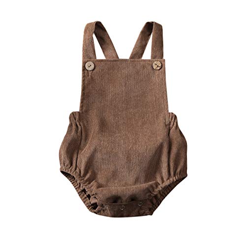 Kuriozud Infant Baby Boy Girl Corduroy Romper Plain Bodysuit Crossback Strap Clothes (Coffee, 12-18 Months)