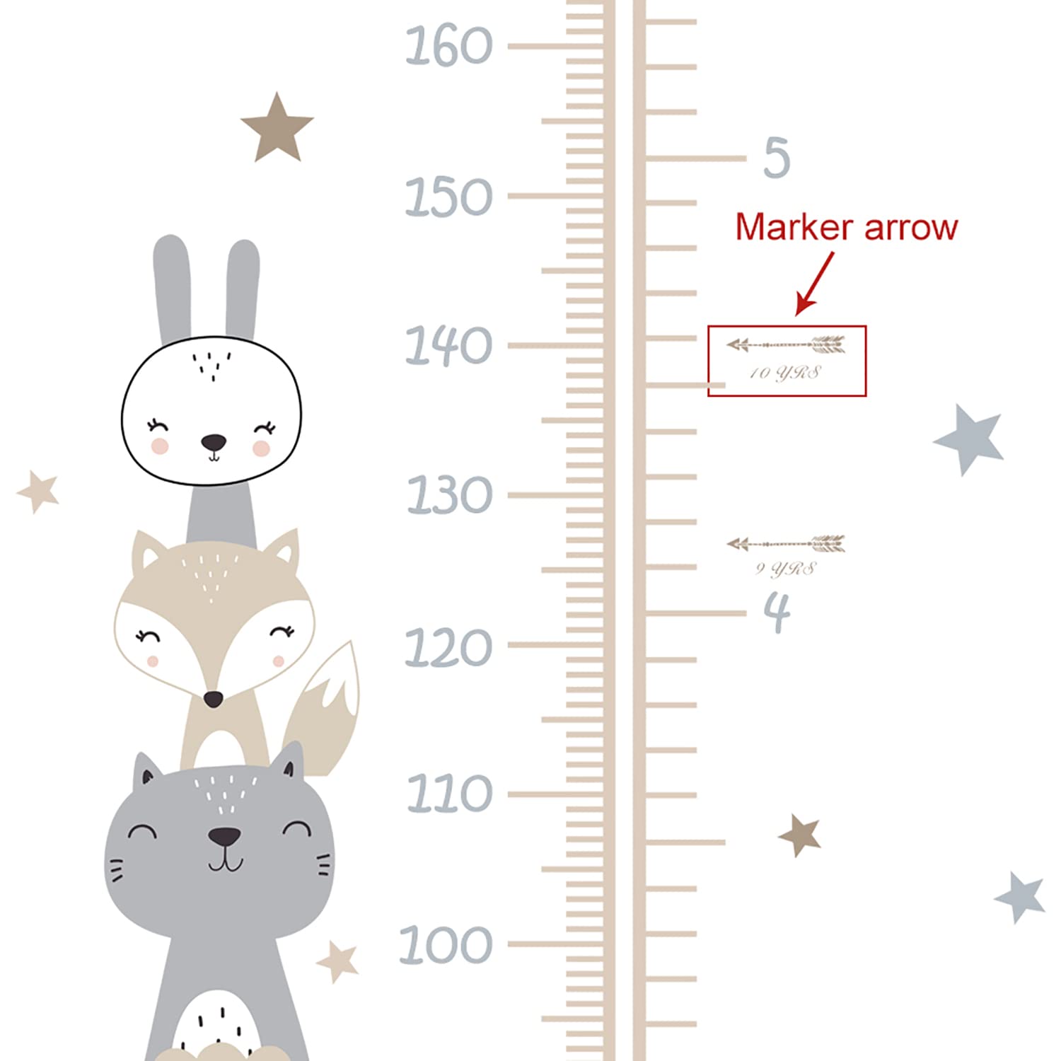 Cartoon Animals Height Growth Chart Wall Sticker Boho Style Peel and Stick Removable Wall Decals Children Kindergarten Nursery Bedroom Door Decoration (Beige & Grey)