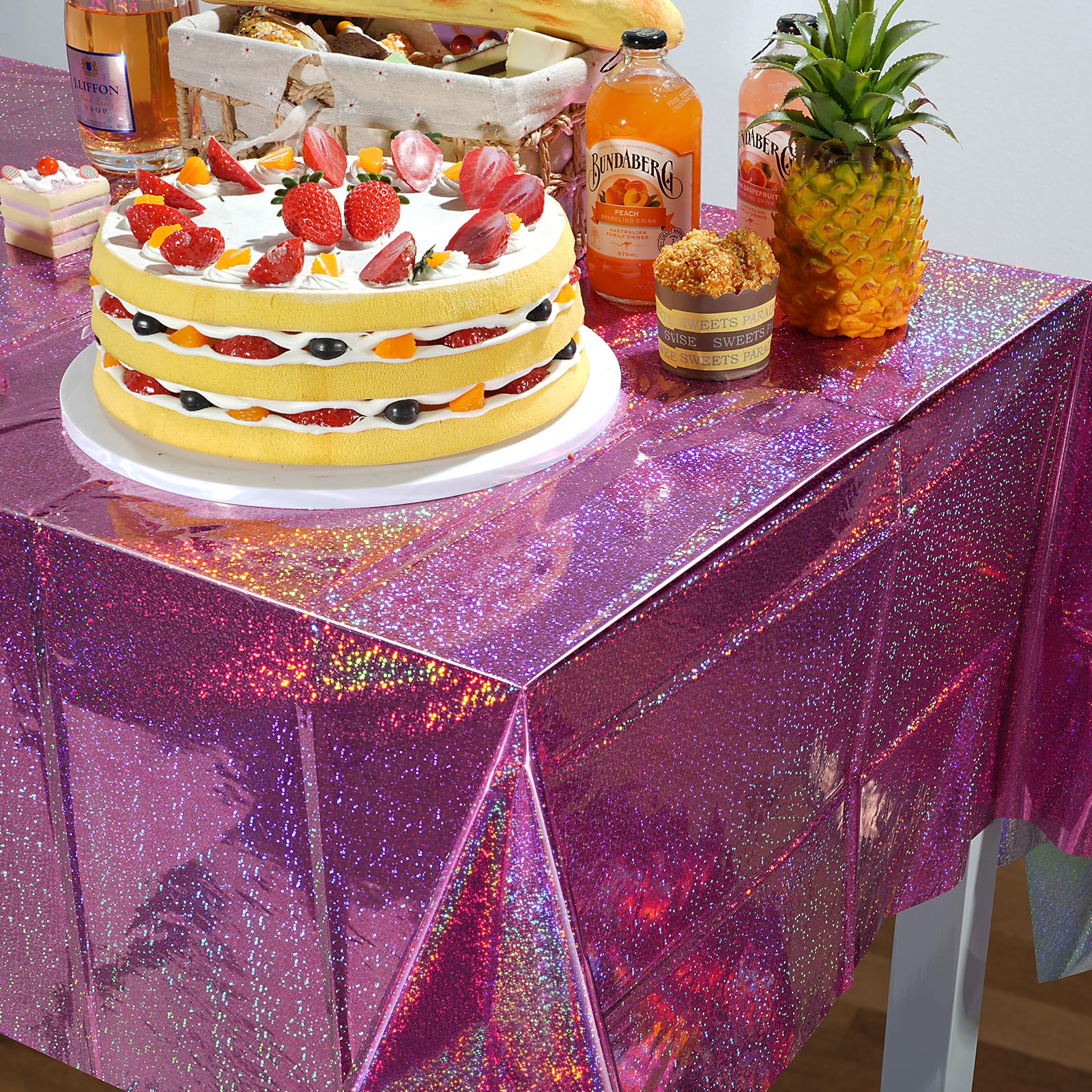 FunnyPars 3 Pack Pink Iridescent Table Cloth for Parties, Pink Plastic Shiny Laser Table Covers, Disposable Holographic Foil Tablecloth Iridescent Party Decorations for Girl Birthday Wedding, 54x108