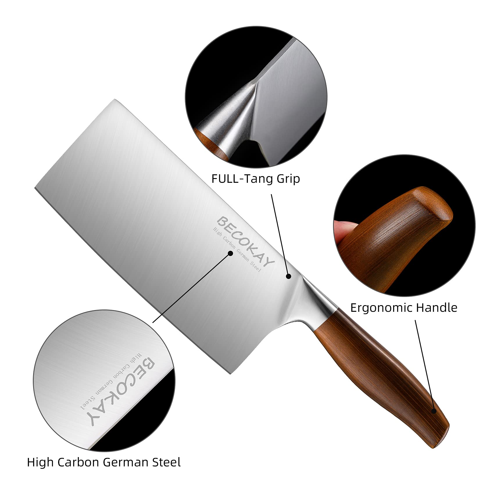 BECOKAY Meat Cleaver 7 inch Vegetable Cleaver Knife - Chinese Chef's Knife German High Carbon Stainless Steel Butcher Knife with Ergonomic Handle for Home Kitchen and Restaurant