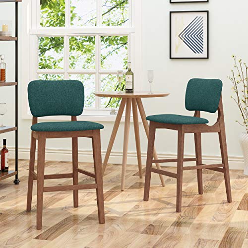 Christopher Knight Home Luella 42" Wooden Bar Chair with Fabric Seats (Set of 2), Dark Green and Walnut Finish