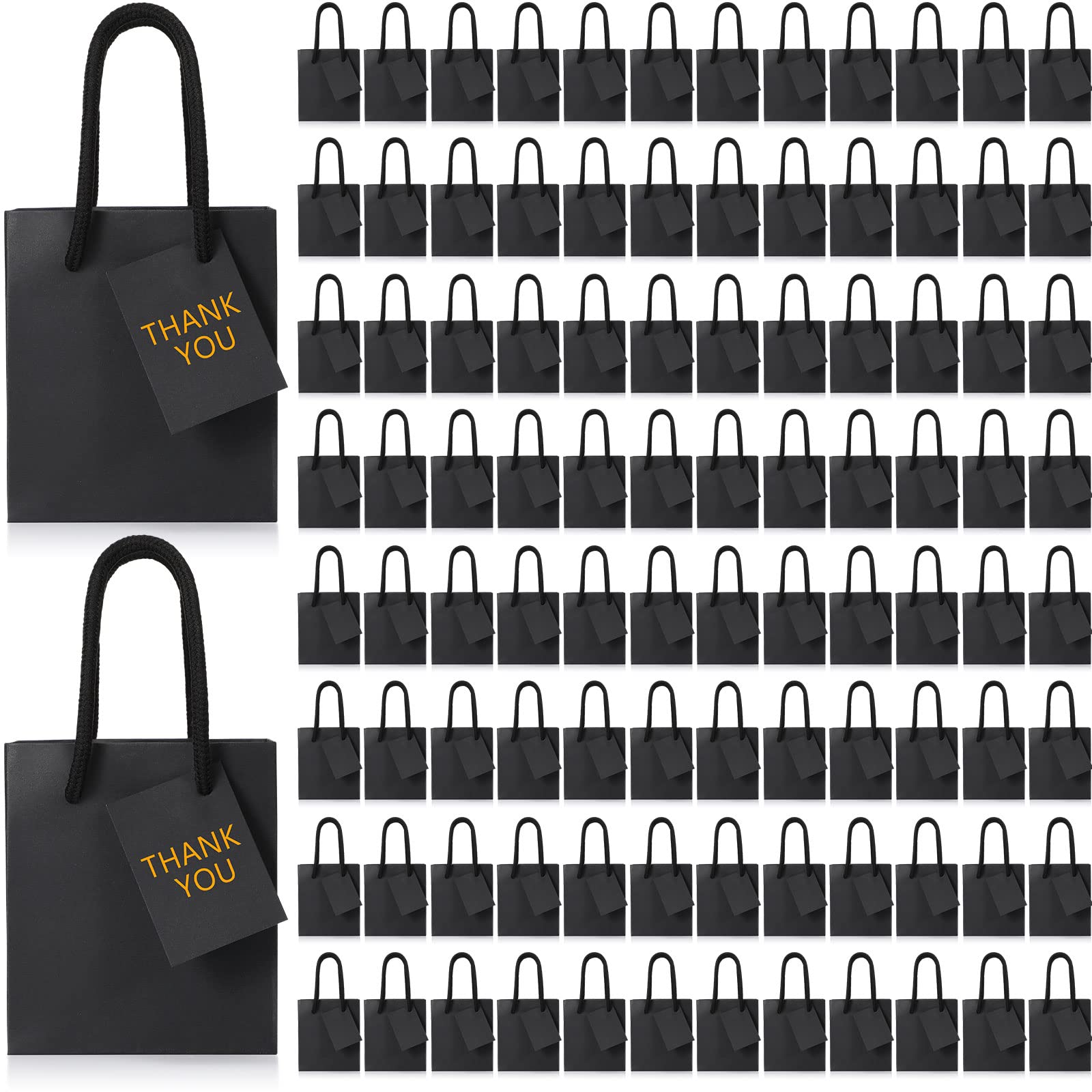 Sherr 100 Pack Mini Gift Bags Bulk, 4 x 2.75 x 4.5 Inches Paper Bags with Gift Tags, Extra Small Paper Gift Bags with Handles for Birthday Gifts, Party Favors, Weddings(Black)