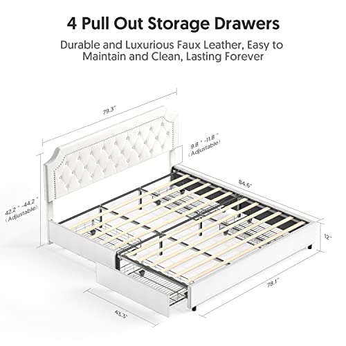BONSOIR King Size Storage Bed Frame Upholstered Low Profile Traditional Platform with Tufted and Nail Headboard/4 Pull Out Drawers/White Faux Leather