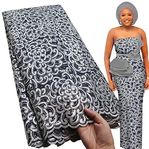 Bestway Lace Sequins African Net Lace Fabric French Floral Embroidered Fabric Rhinestones Nigerian Wedding Asoebi Dress Material 5 Yards (Ashy Grey)