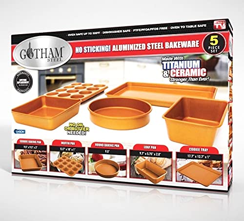 Gotham Steel Non Stick Ceramic Bakeware Set, 5 Piece No Warp & Dishwasher Safe Baking Set, Baking Pans Set with Round & Square Baking Pan, Muffin Pan, Loaf Pan & Baking Sheet for oven, 100% PFOA Free