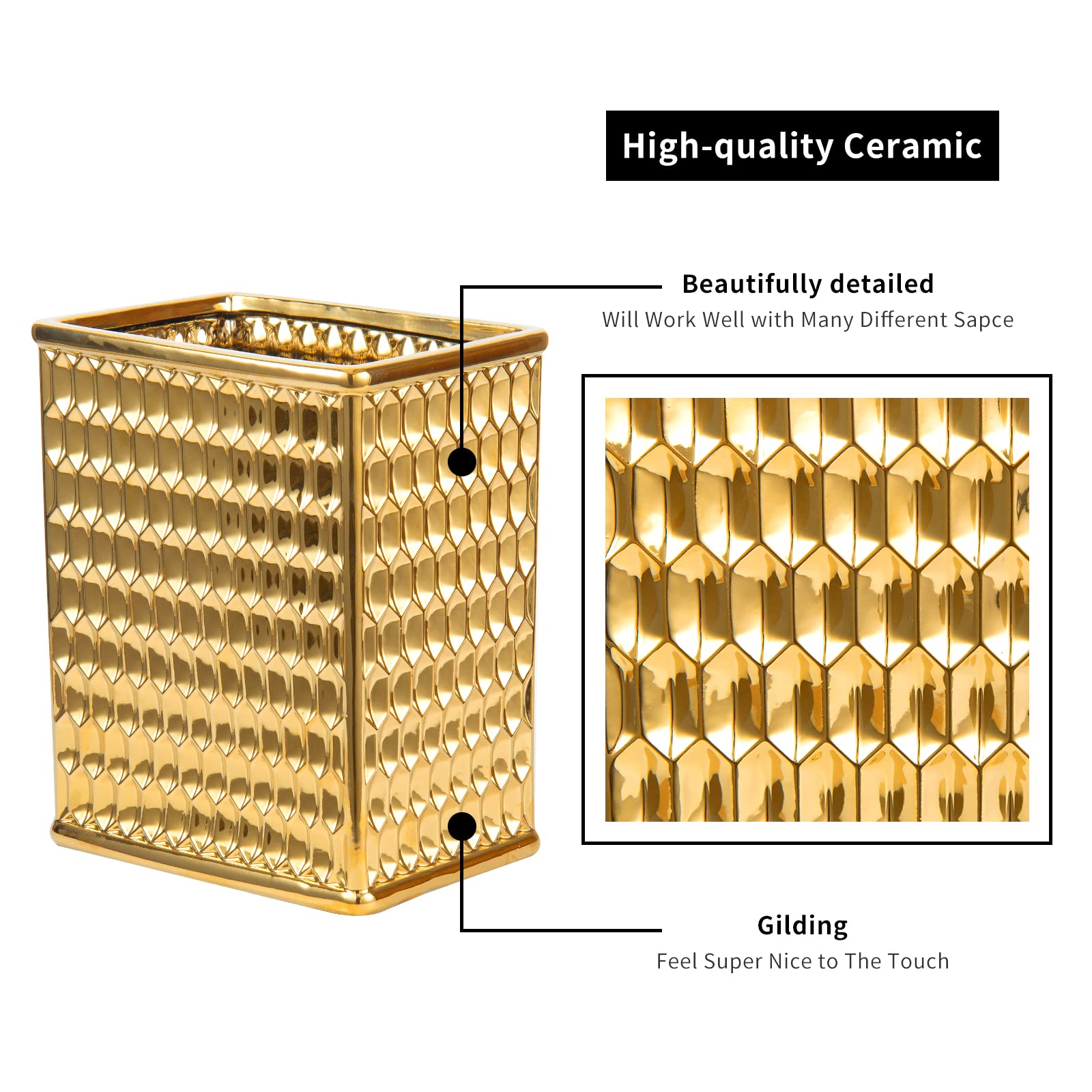 RZCNC Ceramic Gold Square Trash can Waste Basket, Decorative Garbage Can for Bathroom, Bedroom, Home Office, Kitchen, Dorm, College (1.5 Gallon, Small, Open Top)