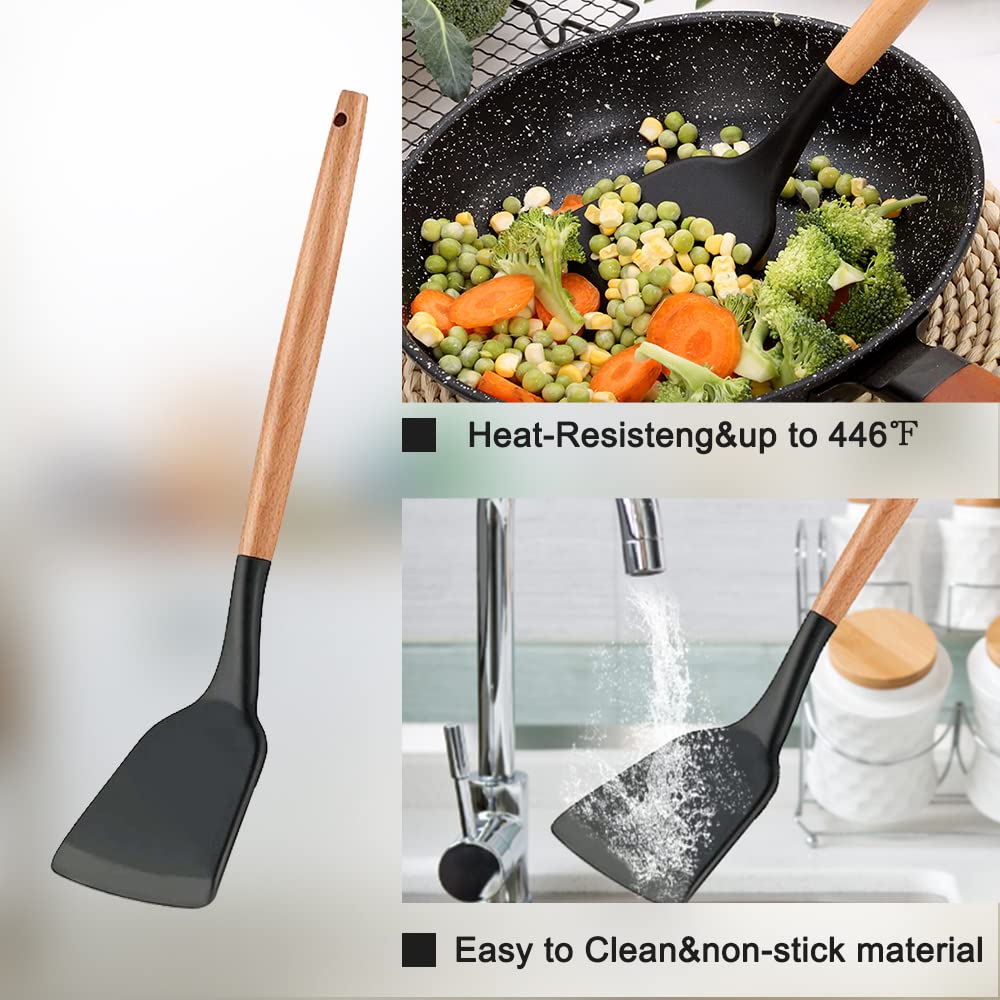 ADOSON Kitchen Utensil Set, 21 Cooking Utensils Set, Silicone and Wooden Handle Kitchen Utensils with Holder, Non-Stick and Heat Resistant, Kitchen Cooking Utensils Spatula Set, Baking, Frying(Black)