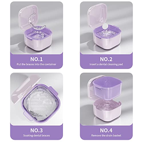 Denture Cup Bath,Portable Denture Case with Strainer Basket,braces False Teeth Storage Box Holder,Retainer case Cleaning,Soak Cup,With braces chewable tablets and Extractor(purple)…