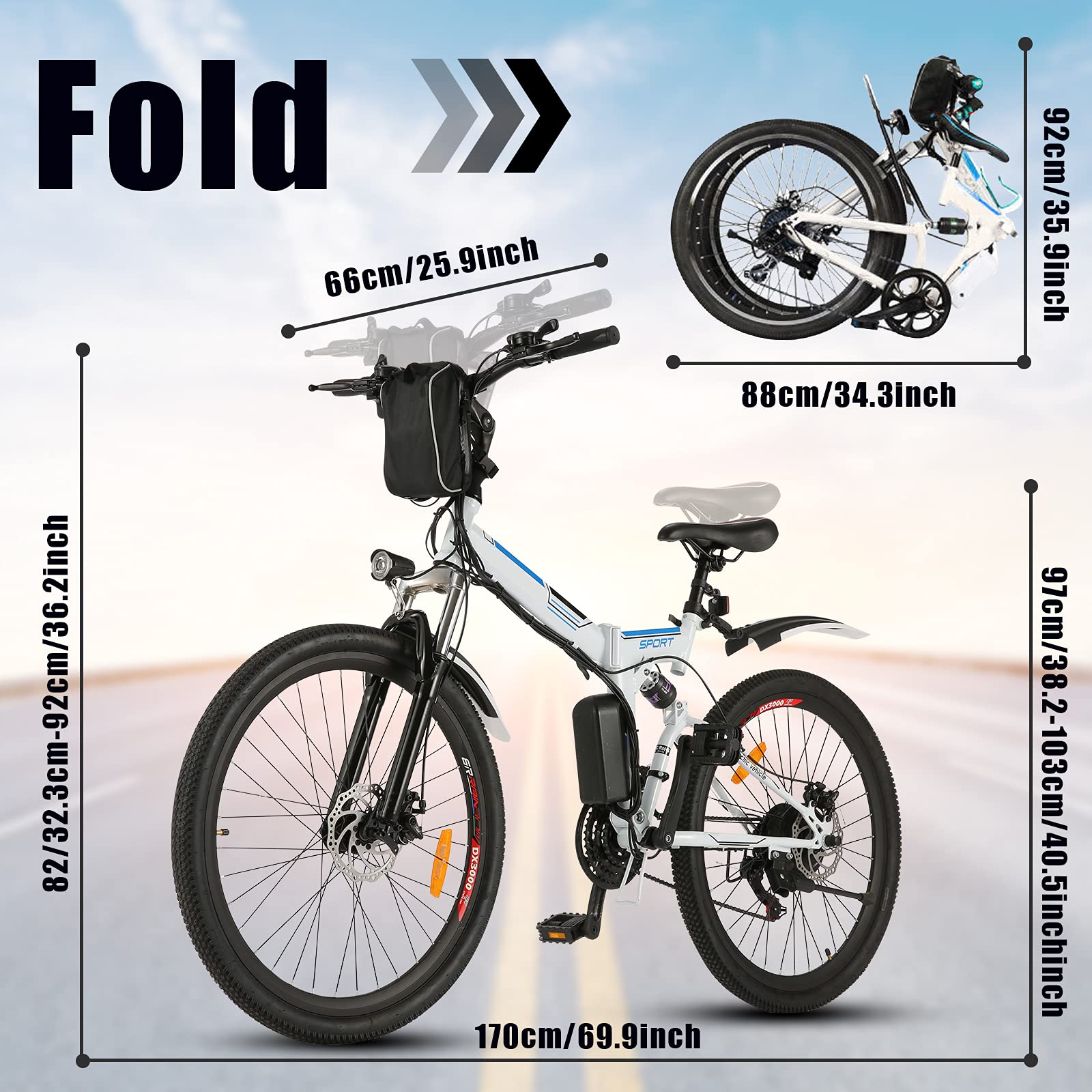Aceshin 26'' Folding Electric Mountain Bike 250W Electric Bicycle with Removable Large Capacity Lithium-Ion Battery, Professional 21 Speed Gears (White)