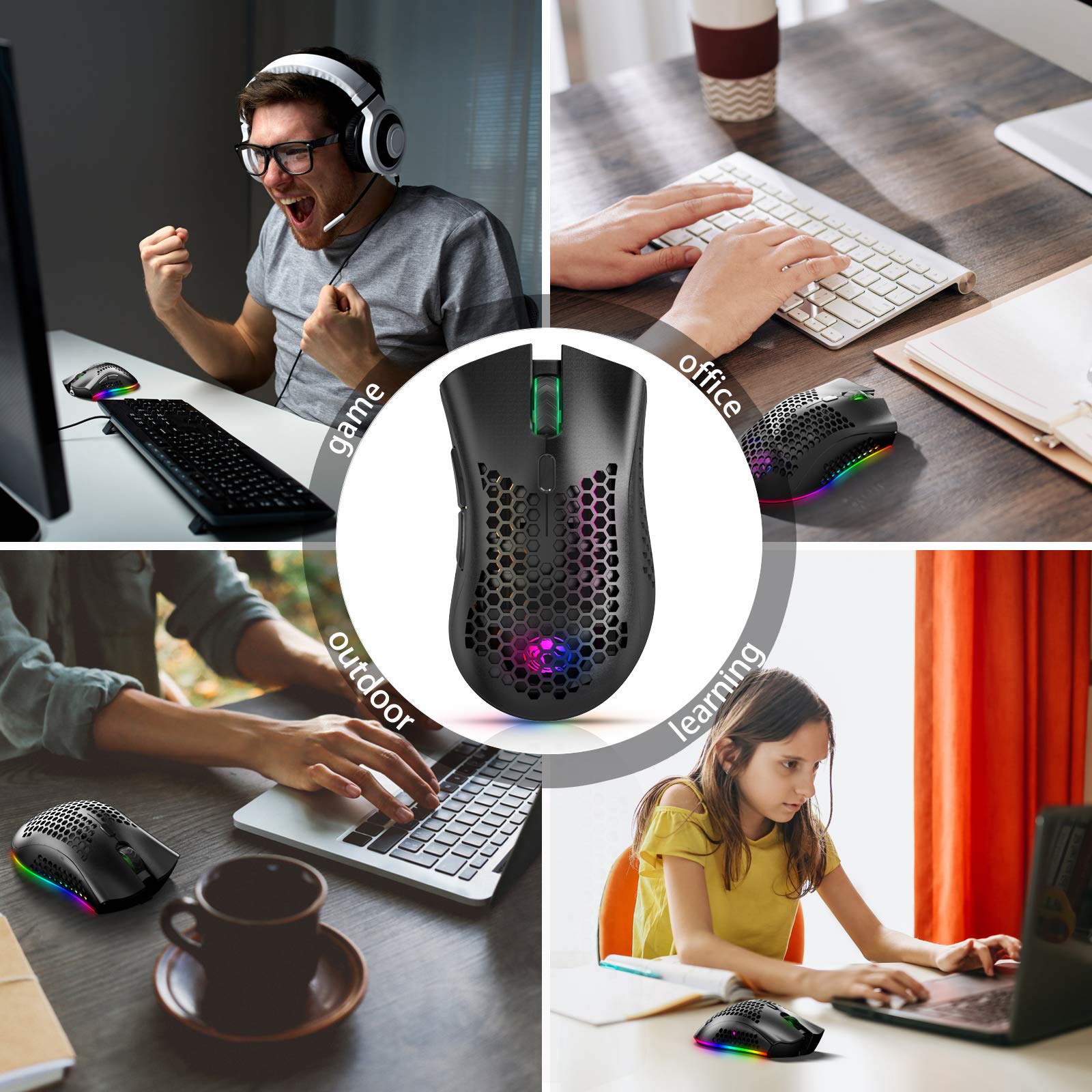 AAJO Wireless Gaming Mouse, USB Mouse Gaming with Honeycomb Shell, RGB Chroma Backlit Mouse, Hyperspeed Comfortable Grip Ergonomic Optical Mice for PC Computer Laptop