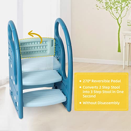 Kid Step Stool Plastic Toddler Step Stool for Kids Three Step Standing Tower for Kitchen/Bathroom/Toilet Potty Training, Learning Helper with Handles and Safety Non-Slip Pads (Deep Blue Light Blue)