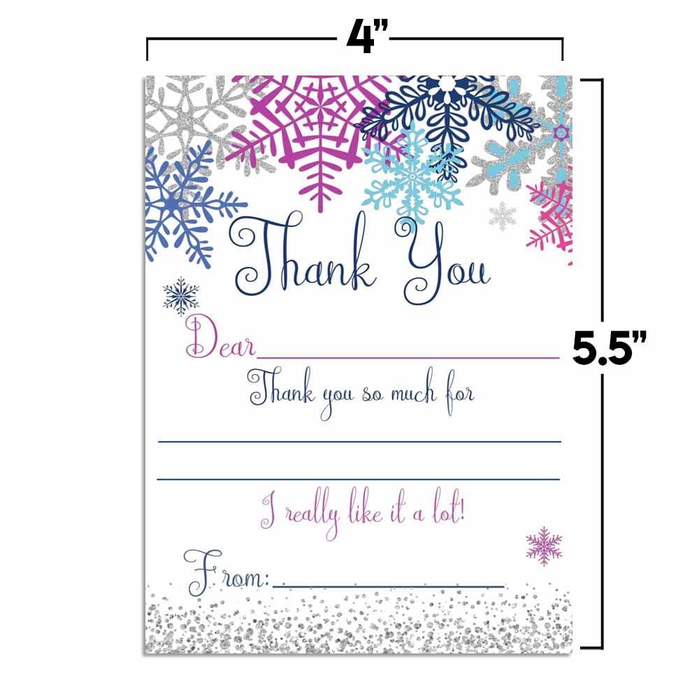 Winter Snowflake Birthday Thank You Notes, Ten 4" x 5.5" Fill In The Blank Cards with 10 White Envelopes by AmandaCreation