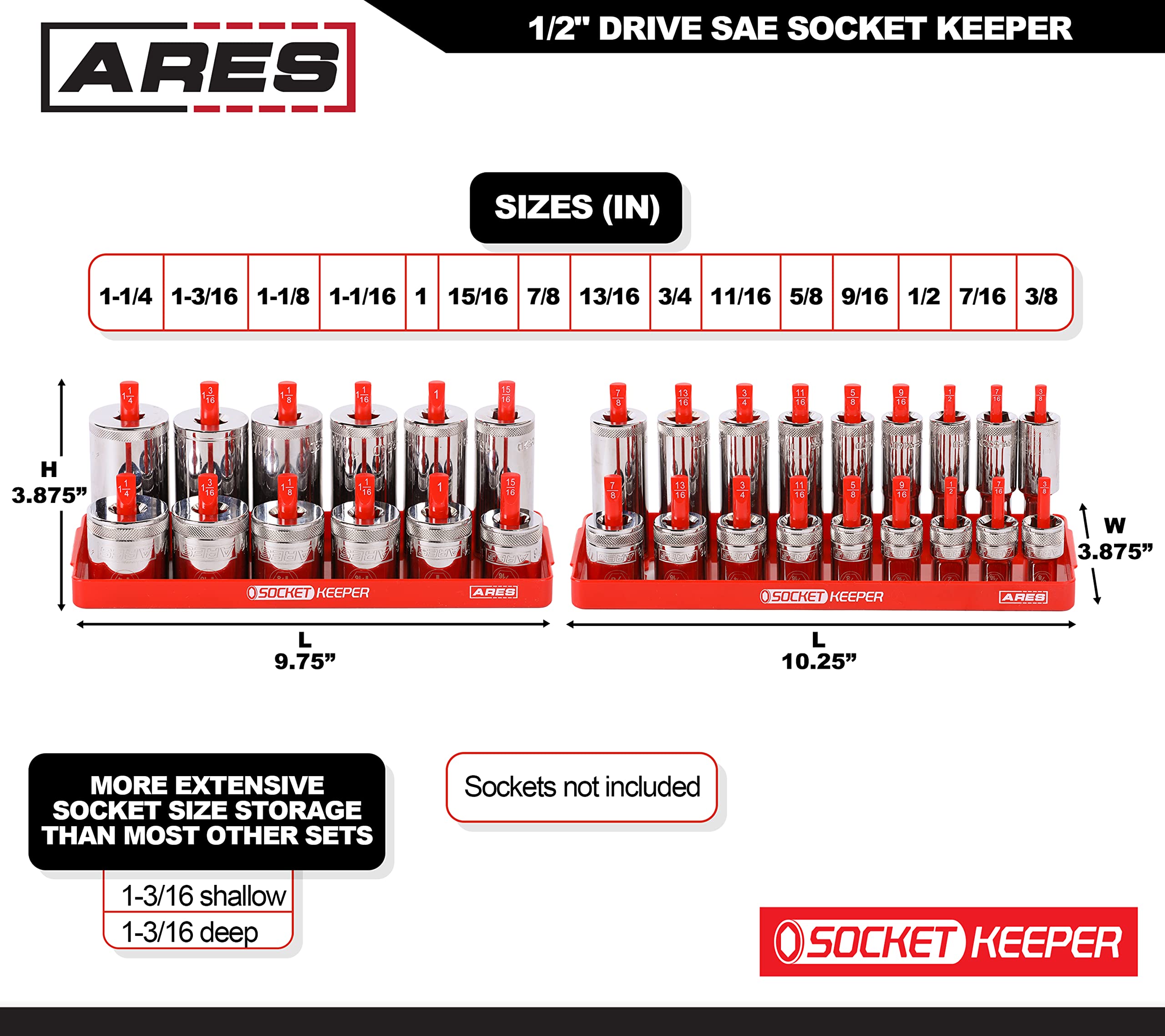 ARES 60178 – 8-Piece Metric & SAE Socket Keeper/Organizer Tray Set – Black & Green Socket Holders - Store 176 Standard & Deep Sockets - Socket Posts Feature High Visibility Markings