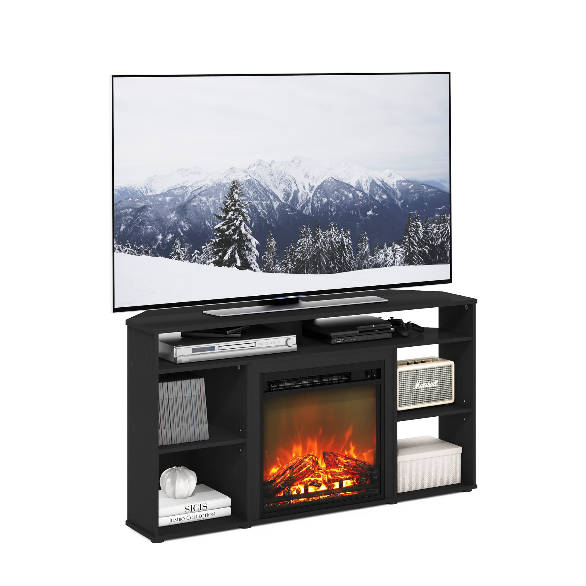 Furinno Jensen Corner TV Stand with Fireplace for TV up to 55 Inches, Americano
