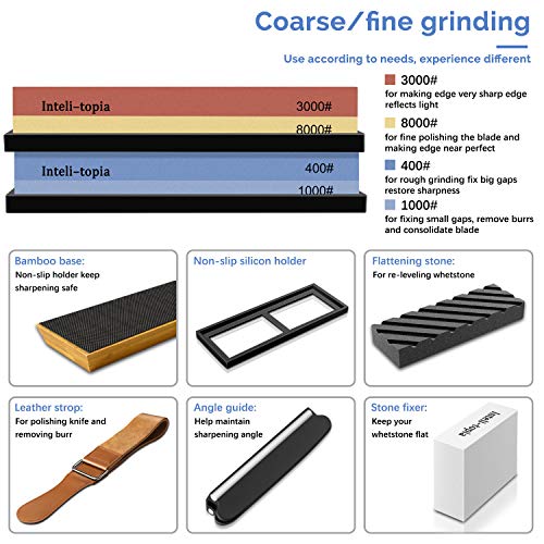 Complete Knife Sharpening Stone Set β Dual Grit Whetstone 400/1000 3000/8000 Premium Whetstone Knife Sharpener with Leather Strop, Flattening Stone, Bamboo Base, 3 Non-slip Rubber Bases & Angle Guide