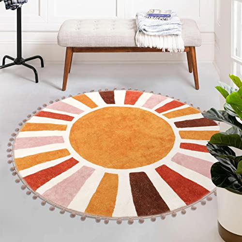 Colorful Round Rug for Bedroom,4 ft Circle Sun Boho Rug for Living Room, Circular Washable Area Rug Cute Non-Slip Soft Crawling Mat Kids Play Carpet for Nursery Room Teen Dorm