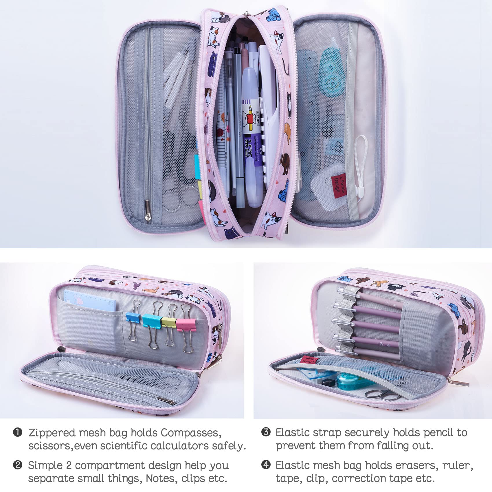 LParkin Cute Cat Pencil Case Super Large Capacity 3 Compartments Canvas Pencil Box Kawaii Makeup Bag Cat Gifts for Boys Girls