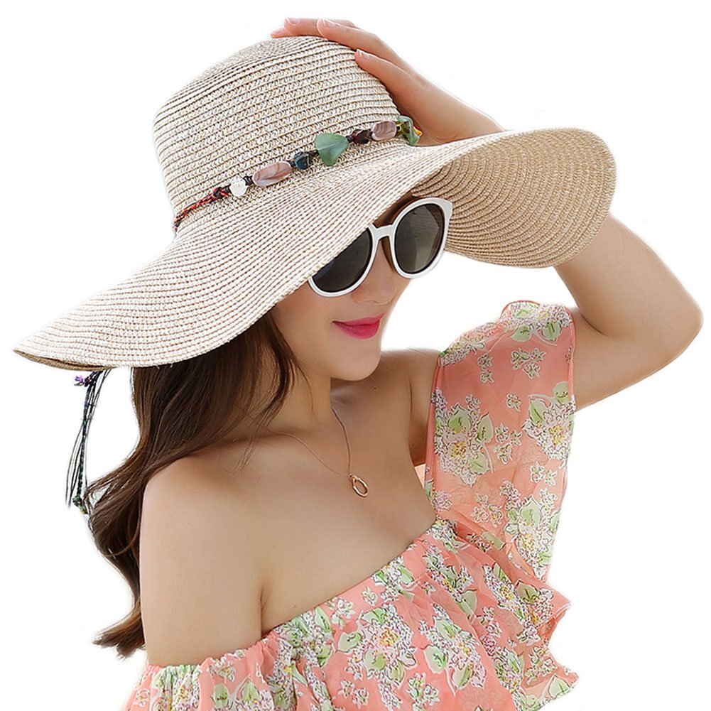 Adrinfly Women Floppy Beach Hat, Wide Brim Straw Sun Hat, Travel Foldable Packable Adjustable Summer Accessories UV UPF 50+ Khaki