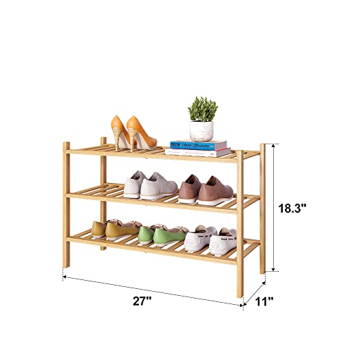 FILWH Bamboo Shoe Rack Stackable Shoe Shelf Storage Organizer for Unit Entryway Hallway and Closet Sturdy Freestanding Shoe Shelf Natural (3 Tier)