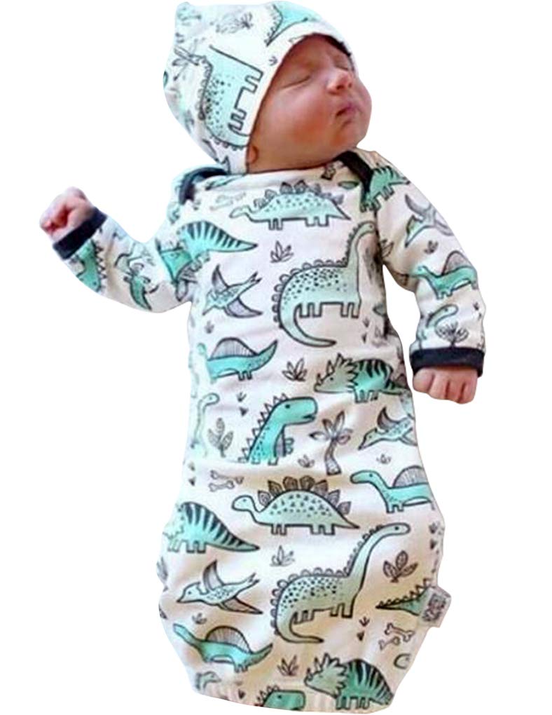 Unisex Baby Wearable Blanket with Hat Cap Cotton Sleeping Bag 2 Pcs Long Sleeve Nightgowns (Dinosaur, 0-6M)