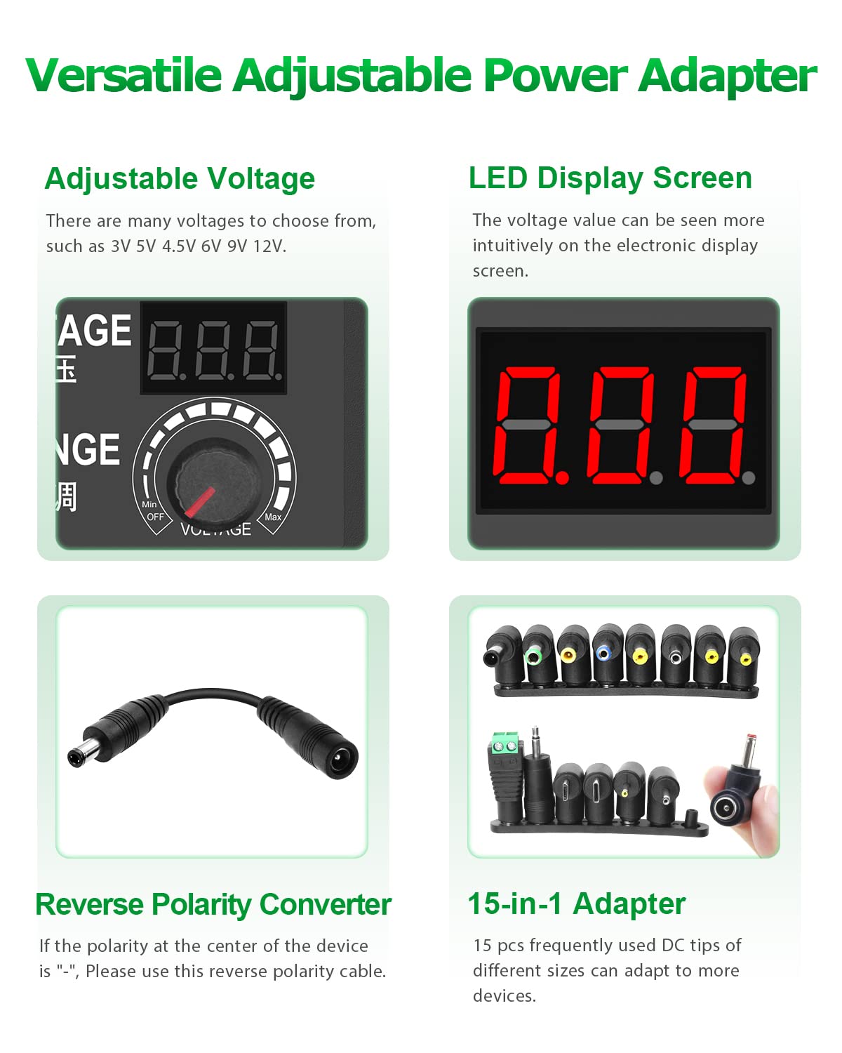 Arkare Universal Power Supply 3~12V 5A 60W AC 100-240V to DC 3V 4.5V 5V 6V 9V 9.5V 12V 1A 2A 3A 4A 5A Adjustable AC/DC Adapter with 15 Tips & Polarity Converter for USB Hubs CCTV camera speaker