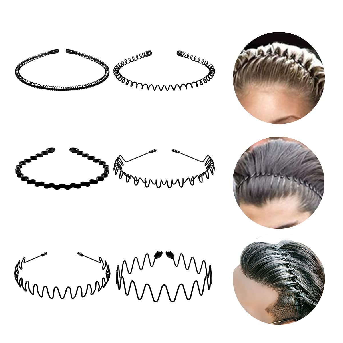 90s Japanese Wavy Hairbands, Unisex Elastic Non-Slip Metal Hair Hoops, 6 Pack