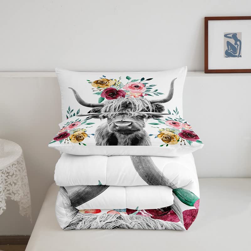 Feelyou Cow Comforter Set Highland Cattle Flowers Comforter Floral Printed Bedding Set for Kids Adults 1 Comforter & 1 Pillowcase