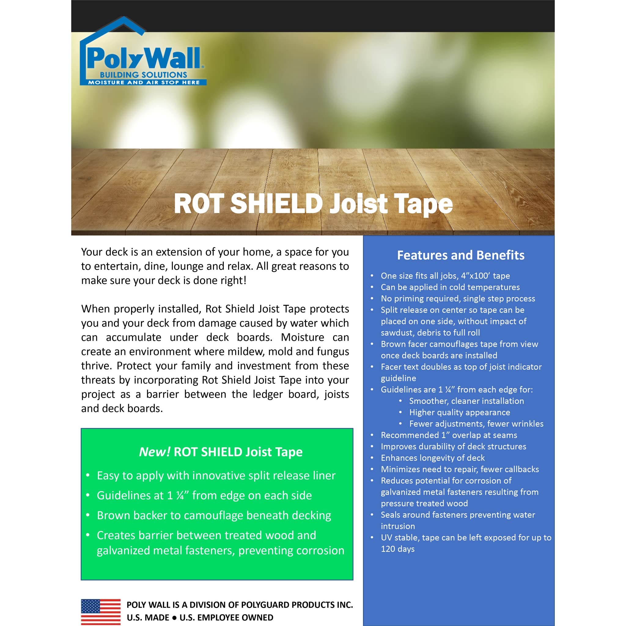 POLYGUARD Poly Wall - Rot Shield Joist Tape for Decking, 4" x 100'. Made in The USA. Self Adhering, Self Sealing Deck Joist Tape for Wood Decks