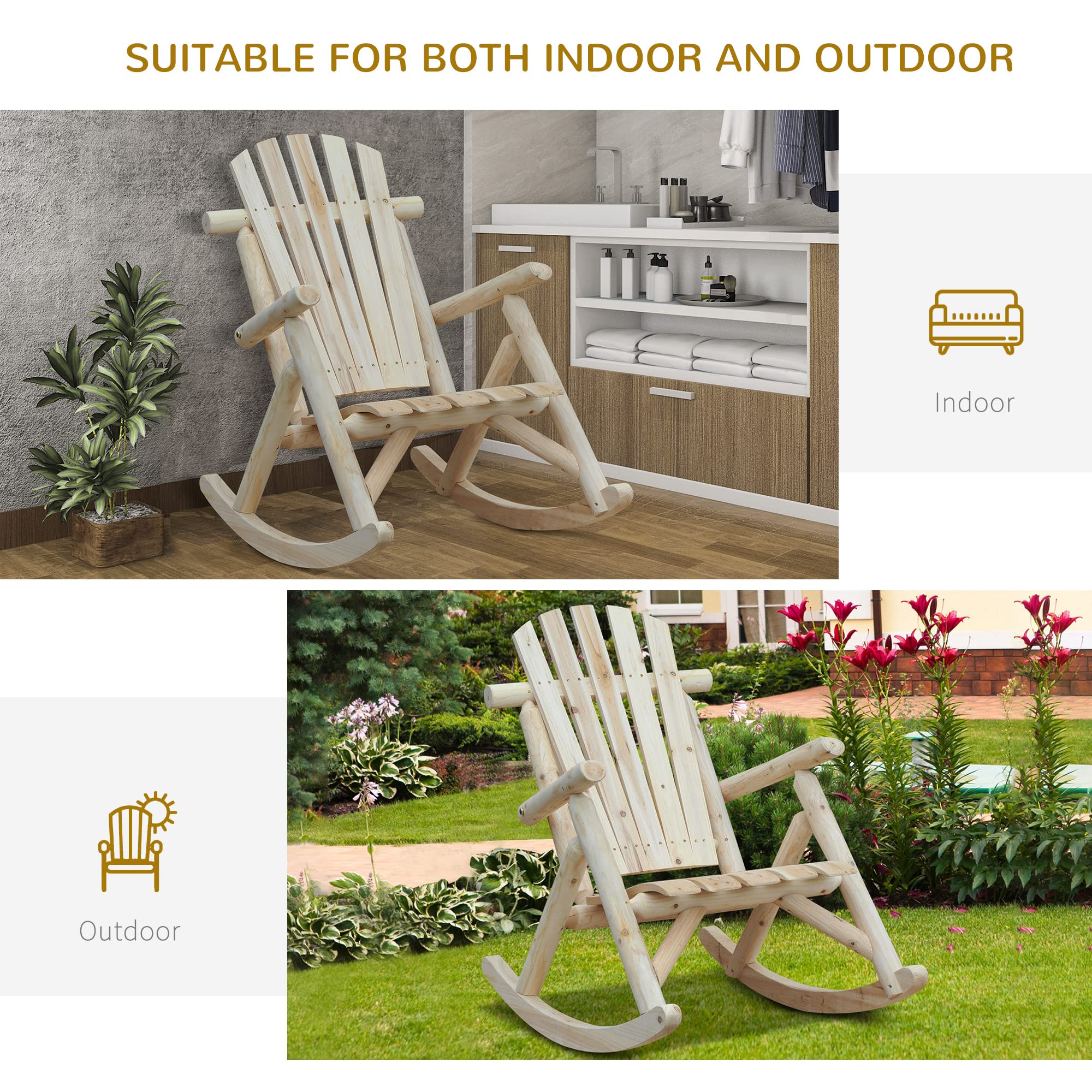 Outsunny Outdoor Wooden Rocking Chair, Single-Person Adirondack Rocking Patio Chair with Rustic High Back, Slatted Seat and Backrest for Indoor, Backyard, Garden, Carbonized