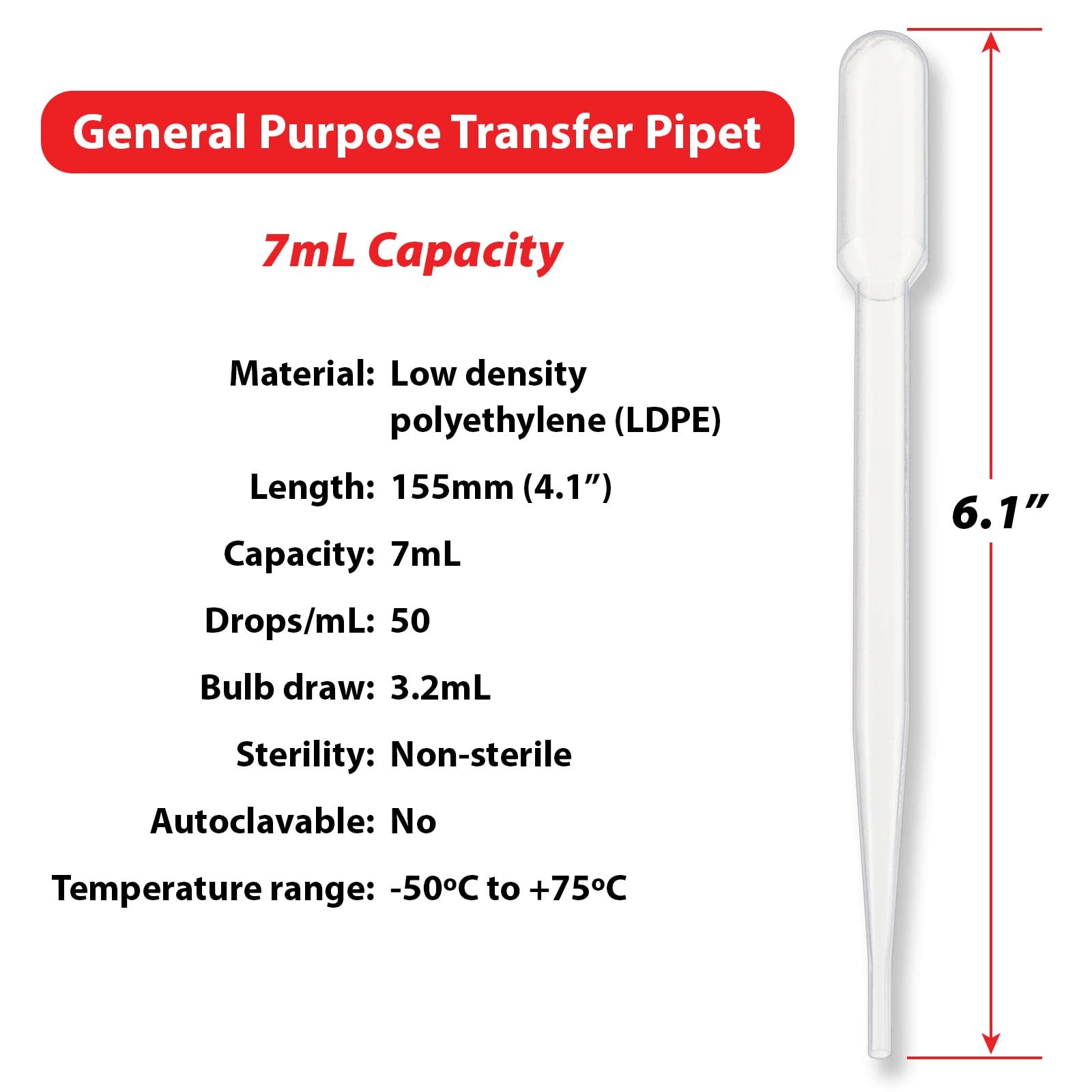 Globe Scientific 138080 LDPE General Purpose Transfer Pipet, Non-Sterile, Standard, 155mm Length, 7.0mL Capacity, Natural, 500 Count (Pack of 10)