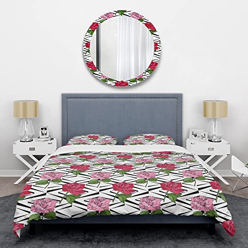 DESIGN ART Designart 'Retro Pink and Red Roses' Mid-Century Duvet Cover Set King Cover + 2 King Shams (Comforter not Included) 3 Piece