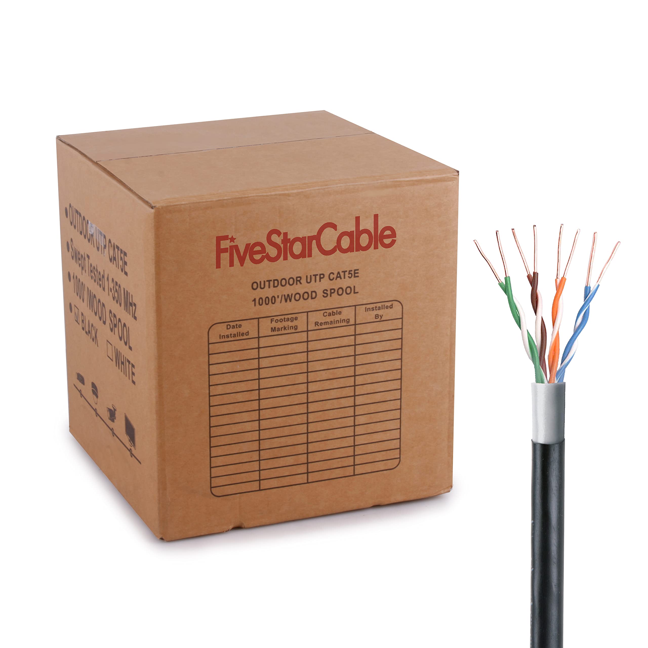 FiveStarCable 1000 Ft. Cat5e 24AWG Direct Burial/Underground Double Jacket Waterproof Outdoor Burial UTP Ethernet Router LAN Cable - Black…