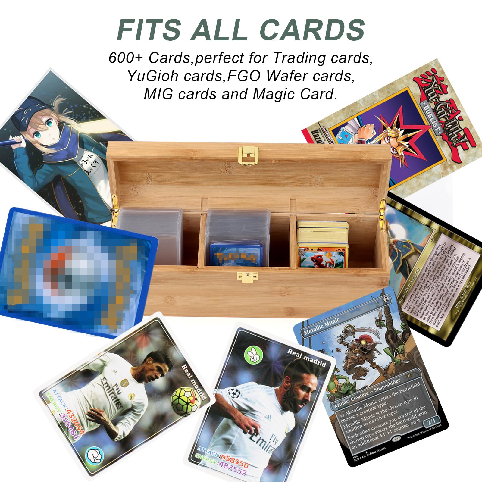 Arkeiliy 600+ Trading Card Deck Box, Card Game Storage Box with 50 Card Sleeves, Wooden Collectible Trading Card Storage Holder Fit for Magic Commander TCG Cards (Medium)