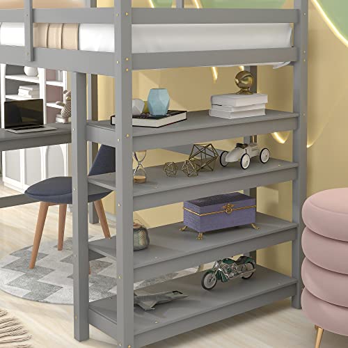 LostCat Twin Size Loft Bed with Desk and Shelf, Heavy Duty Metal Bed Frame w/Full Length Guardrails and Ladder, No Box Spring Needed, Space Saving Design for Kids, Teens, Adults, Black