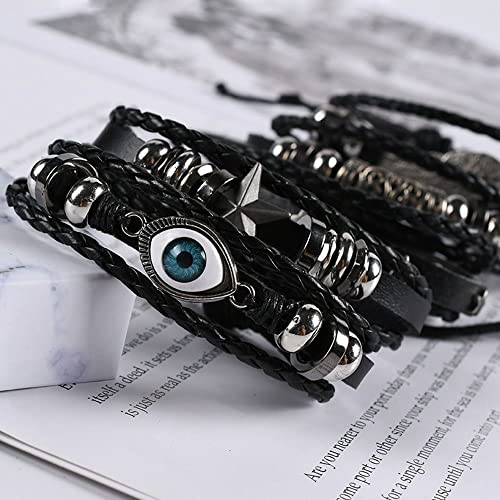 BUSSLANDY Braided Leather Bracelets for Men Women Cuff Wrap Bracelet Stackable bracelet Evil Eye Stars Wings Retro Set Wood Ethnic Tribal Bracelets Adjustable