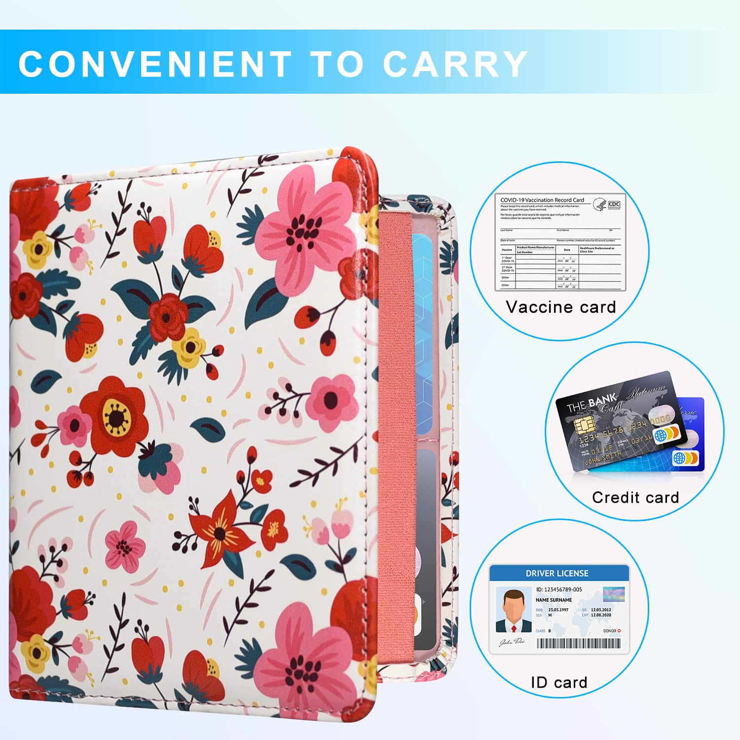 ACdream Vaccine Card Holder, PU Leather 4x3 CDC Vaccination Immunization Record Protector Wallet, Waterproof Vax Certificate Clear Sleeve Protective Case, with Credit Cards Slots - Blossom