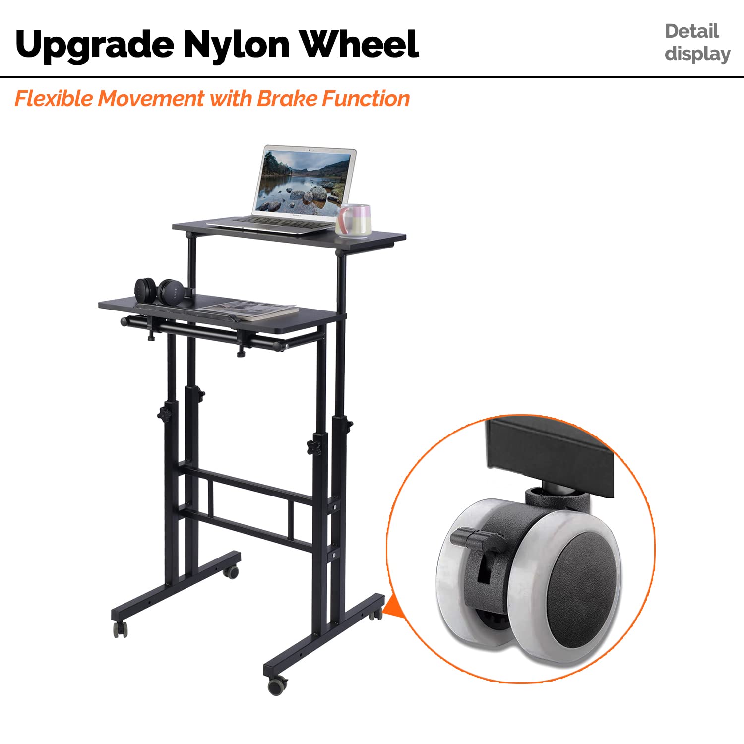 AIZ Mobile Standing Desk, Adjustable Computer Desk Rolling Laptop Desk Cart on Wheels Home Office Computer Workstation, Portable Laptop Stand Tall Table for Standing or Sitting, Black Willow