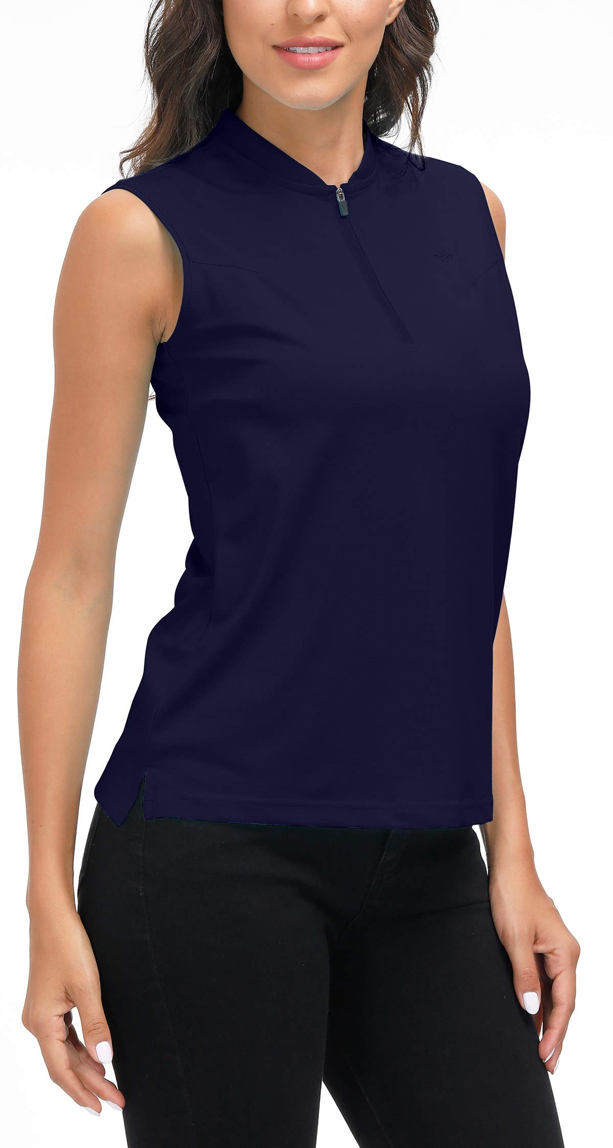AjezMax Athletic Fit Sleeveless Zipper Polo Golf T-Shirts Breathable Comfy for Women Deep Blue Small
