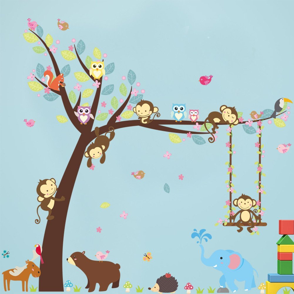 ElecMotive Cartoon Forest Animal Monkey Owls Hedgehog Tree Swing Nursery Stickers Murals DIY Posters Vinyl Removable Art Wall Decals for Kids Girls Room Decoration (Bear Elephant)