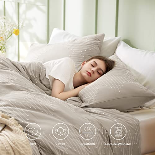 Bedsure Cotton Duvet Cover Queen Size - 100% Washed Cotton Duvet Cover Set, Linen Color, 3 Pieces Boho Stripe Jacquard Soft Bedding for All Seasons with 2 Pillowcases, Zipper Closure (Queen, 90"x90")