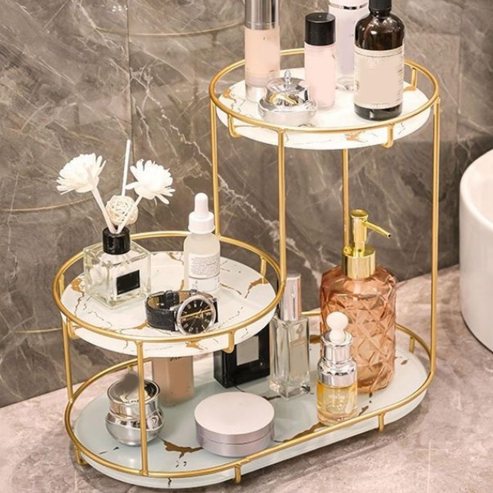 Bathroom Counter Organizer, Iron Glass 2 Tier Vanity Tray, Skincare Makeup Organizer Shelf, Vanity Organizer Bathroom Counter Shelf for Cosmetics, Toiletries, Lotions, Perfumes