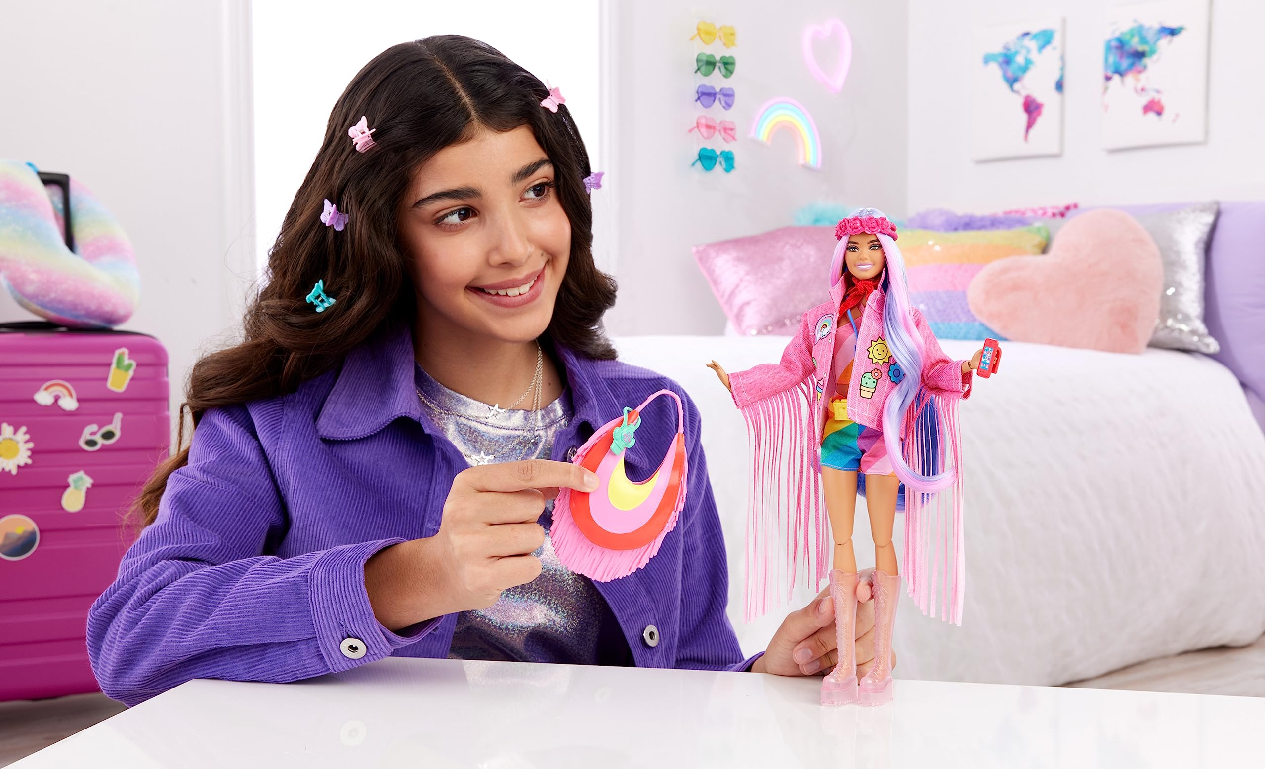 Barbie Extra Fly Doll with Desert-Themed Travel Clothes & Accessories, Fringe Jacket & Oversized Bag, 3Y+, Includes 1 BarbieĀ® doll with fashion, shoes, and assorted accessories