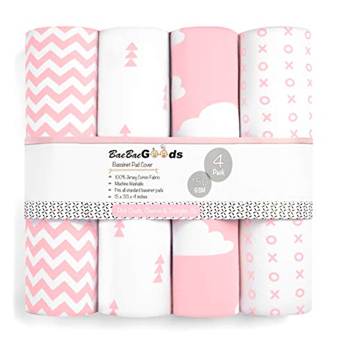 Bassinet Bed Sheets β Premium Bassinet Fitted Sheets 4 Pack β 100% Jersey Knit Cotton Cradle Sheets β Bassinet Bedding for Standard Size Oval or Halo Bassinet Pads β Bassinet Sheet for Girl