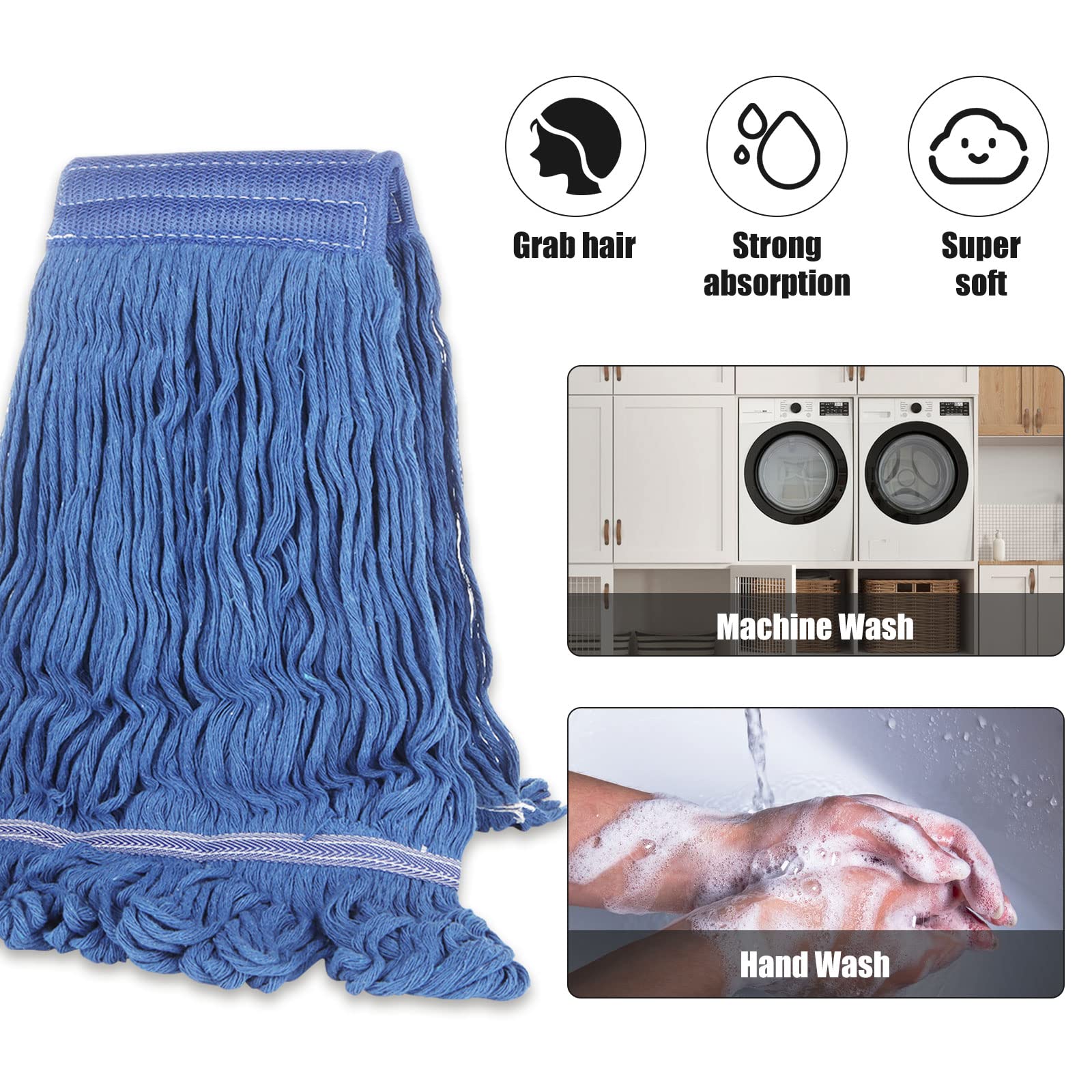 Commercial Mop, Commercial Mop Handle with 2Pcs Commercial Mop Head, Looped-End String Industrial Mop Heavy Duty Mop for Floor Cleaning, Blue/Yellow