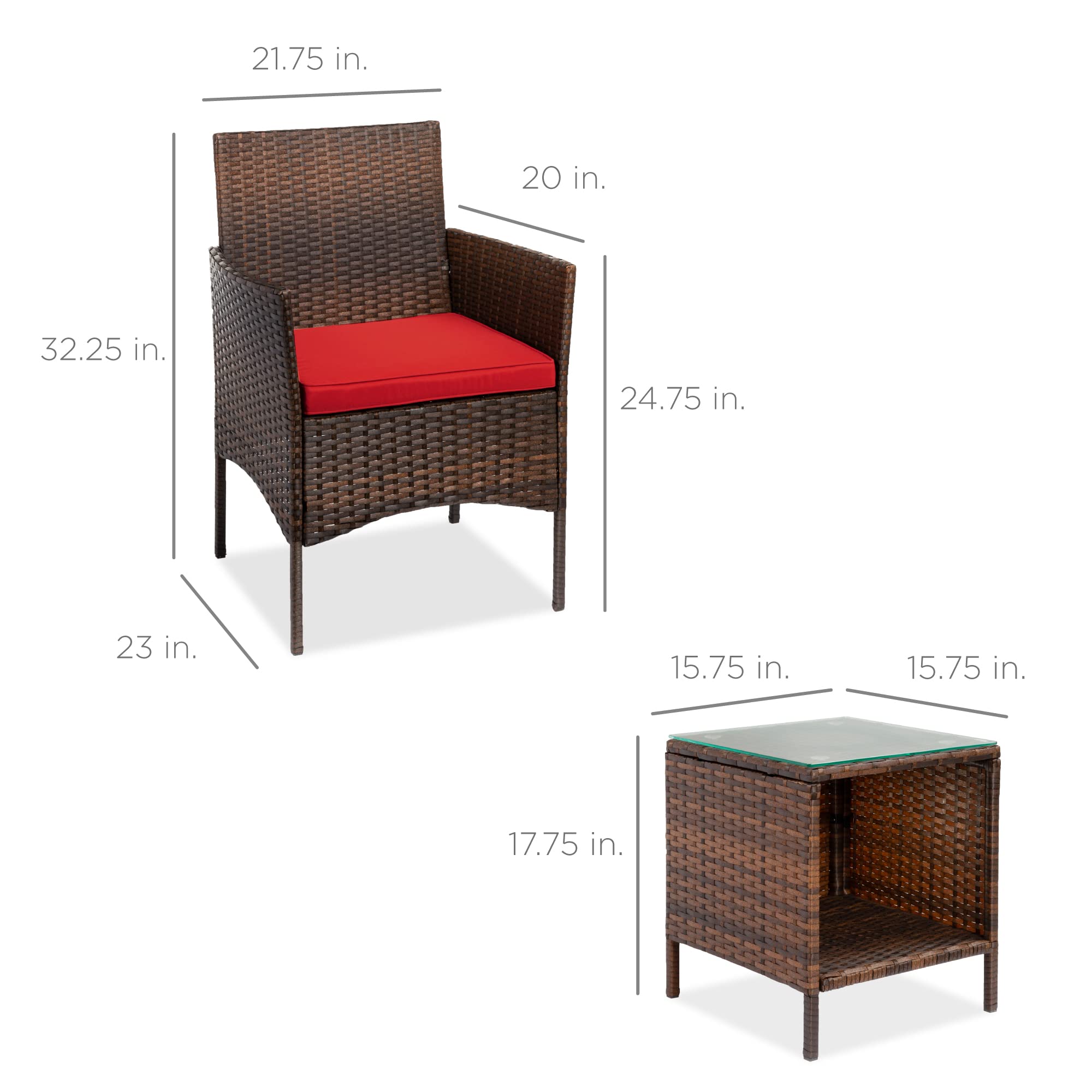 Best Choice Products 3-Piece Outdoor Wicker Conversation Bistro Set, Space Saving Patio Furniture for Yard, Garden w/ 2 Chairs, 2 Cushions, Side Storage Table - Brown/Red