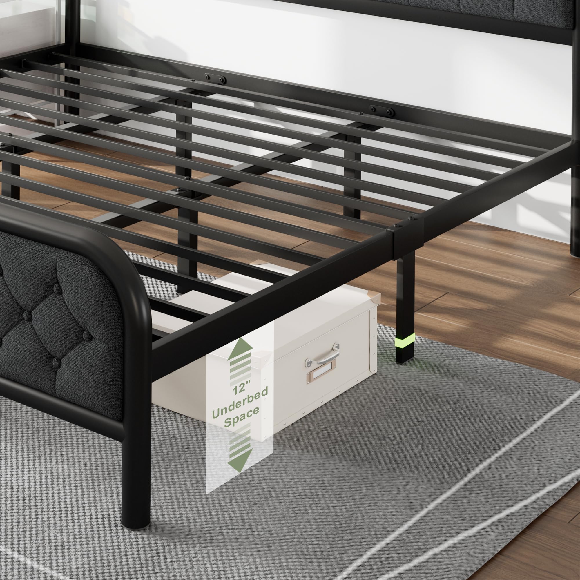 Feonase Full Size Bed Frame, Upholstered Metal Bed Frame with Liene Tufted Headboard, Heavy Duty Metal Slats, 12" Storage Space, No Box Spring Needed, Easy Assembly, Linen Gray